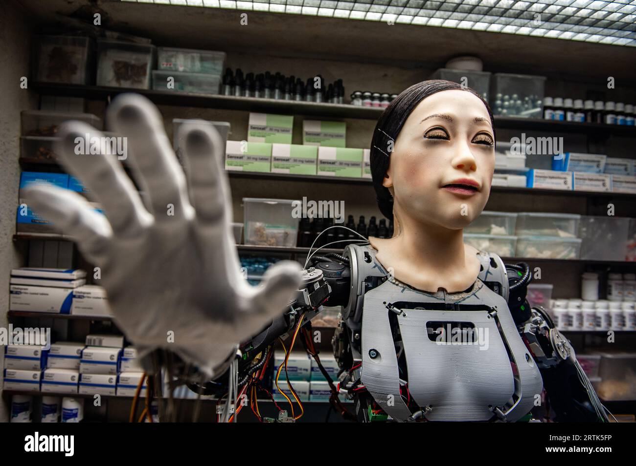 Amy, eine Roboterin, erklärt, wie man glücklicher ist. In seiner Arbeit ...