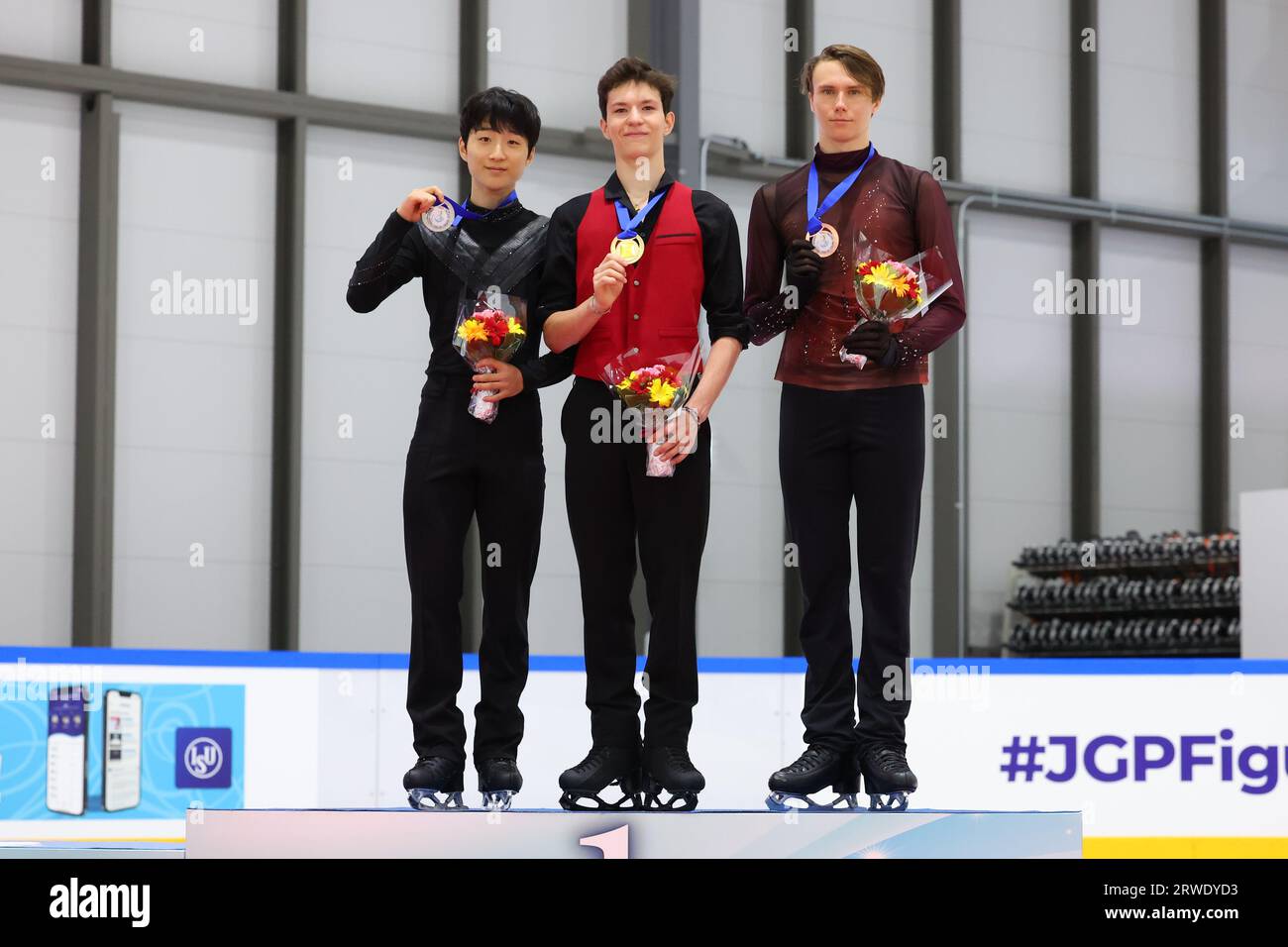 Osaka, Japan. September 2023. (L-R) Lim Juheon (KOR), Francois PITOT (FRA), Daniel MARTYNOV (USA ...