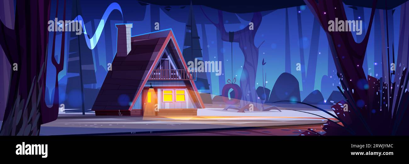 Holzhütte im Wald bei Nacht. Haus aus Holz am Abend im Mondlicht mit ...