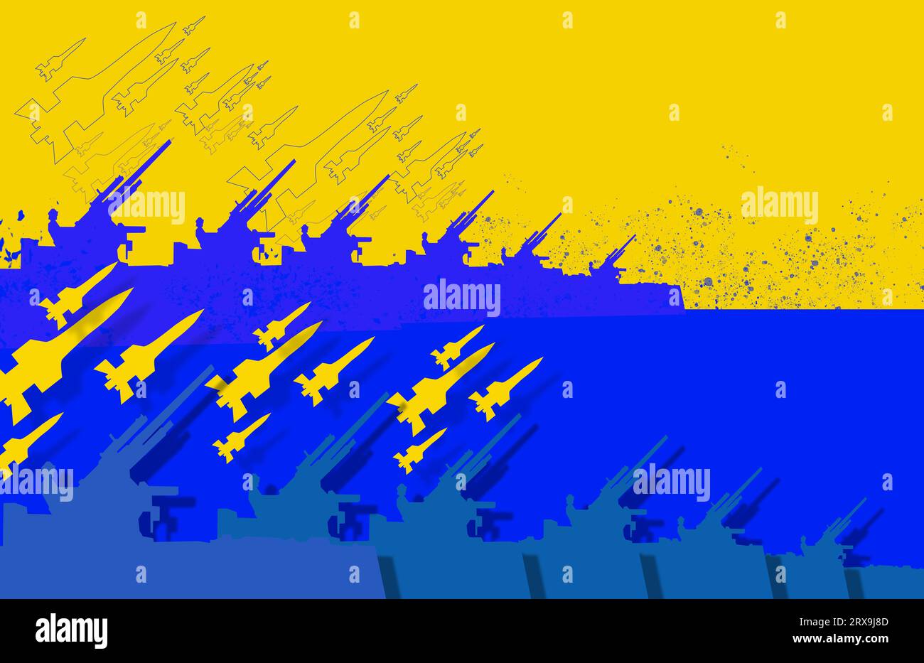 Flagge der Ukraine, Raketenstart oder Krieg mit Russland für Freiheit ...
