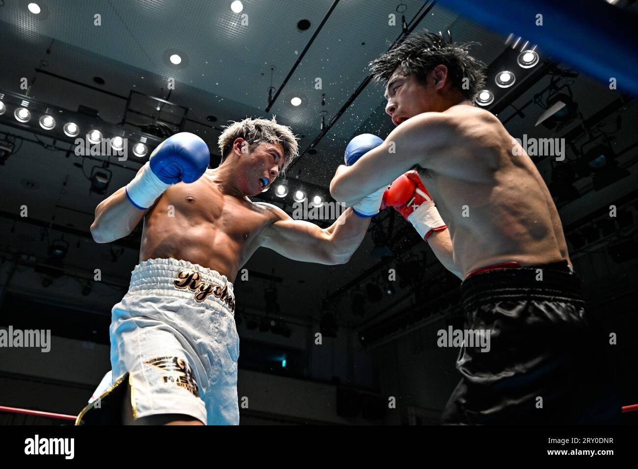 Ryohei Ibuki (blaue Handschuhe) trifft Eigoro Akai (rote Handschuhe) in der zweiten Runde ...