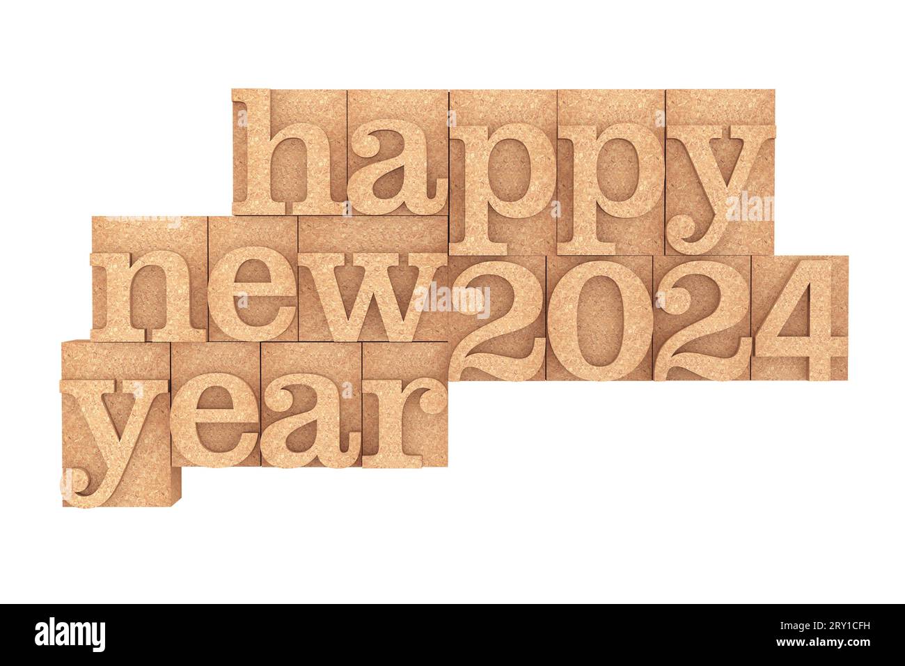 Vintage-Druckblöcke aus Holz mit „Happy New 2024 Year“-Schriftzug auf weißem Hintergrund. 3D ...