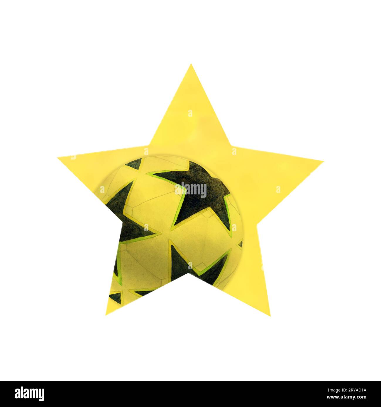 Aquarellzeichnung des Fußball-Balls schwarz-weiß in gelbem Stern ...