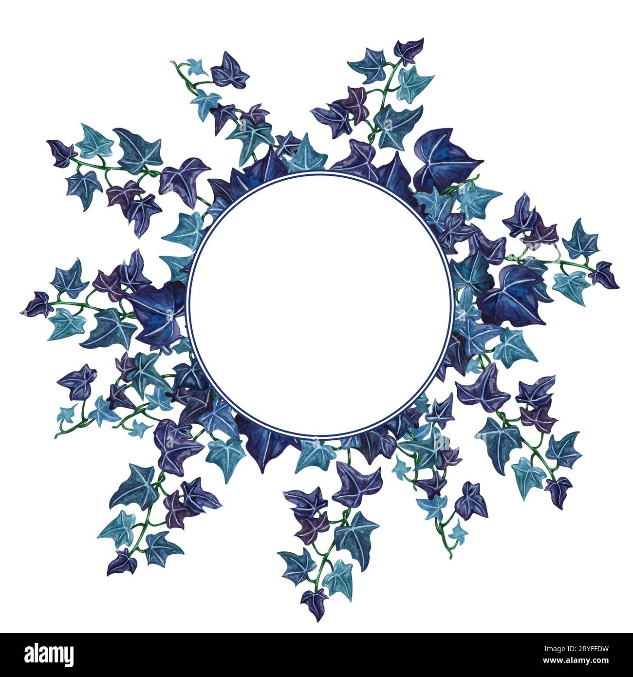 Floraler Rahmen aus Efeu-Zweig. Handbemalter Kranz mit grünen Efeu ...