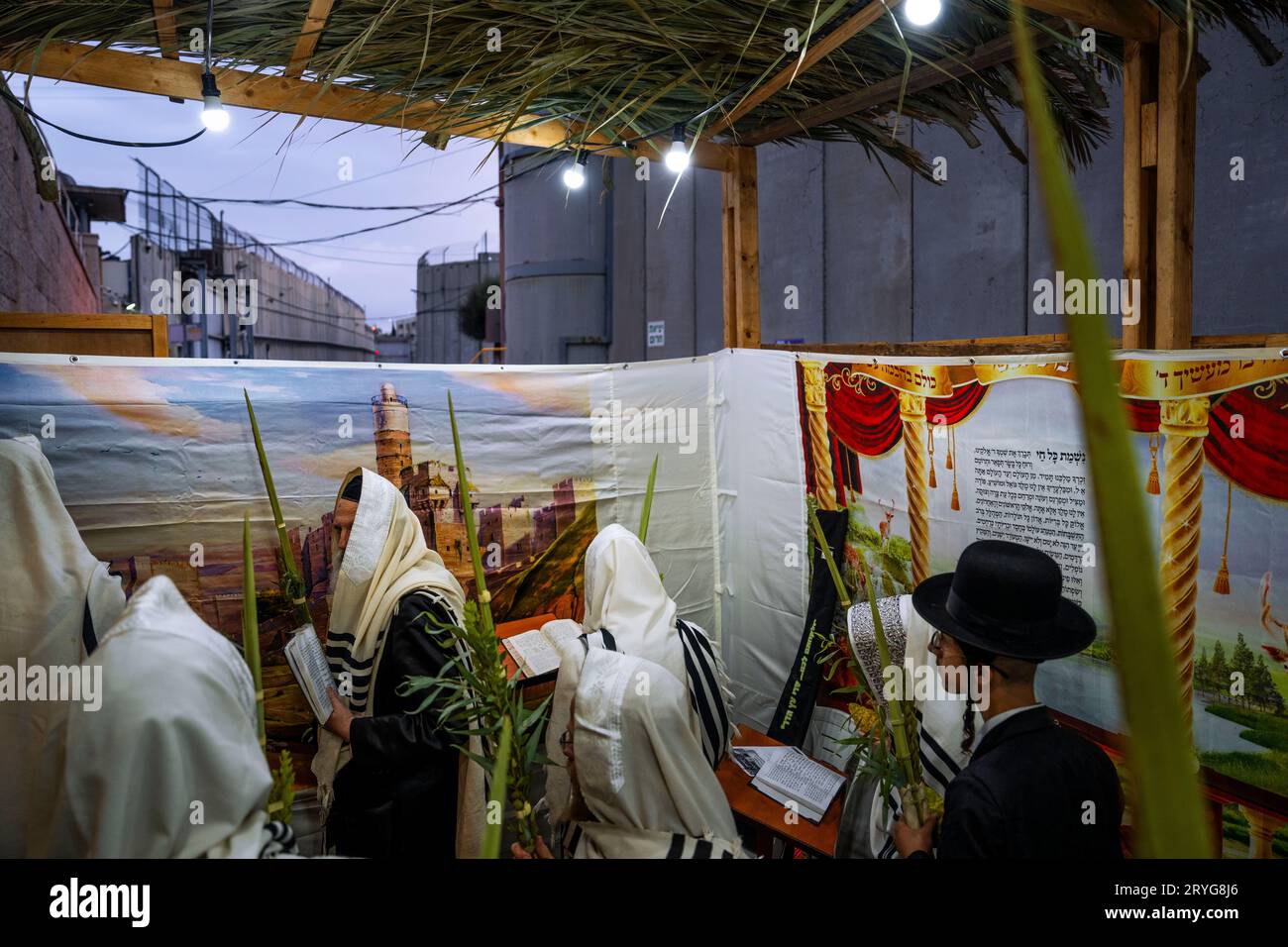 Ultra-Orthodox Jews pray in a Sukkah, a temporary structure built for ...