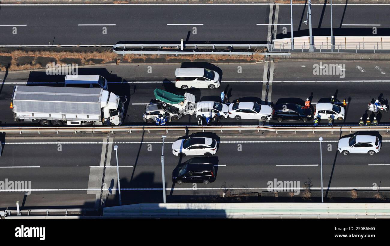 An aerial photo shows an accident site on the outbound lane of the ...