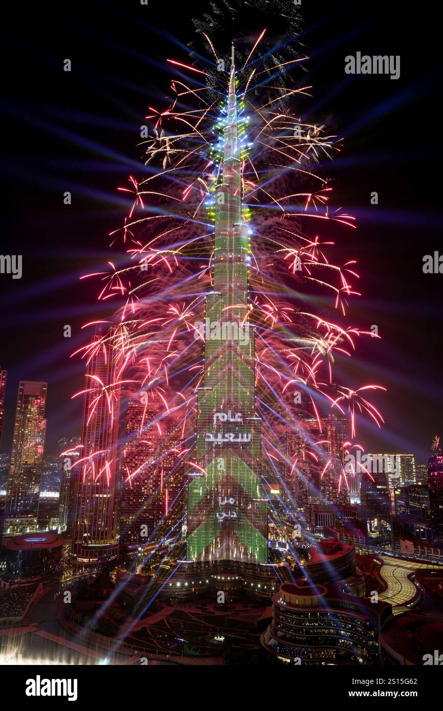 Fireworks explode at the Burj Khalifa, the world's tallest building, during the New Year's Eve ...