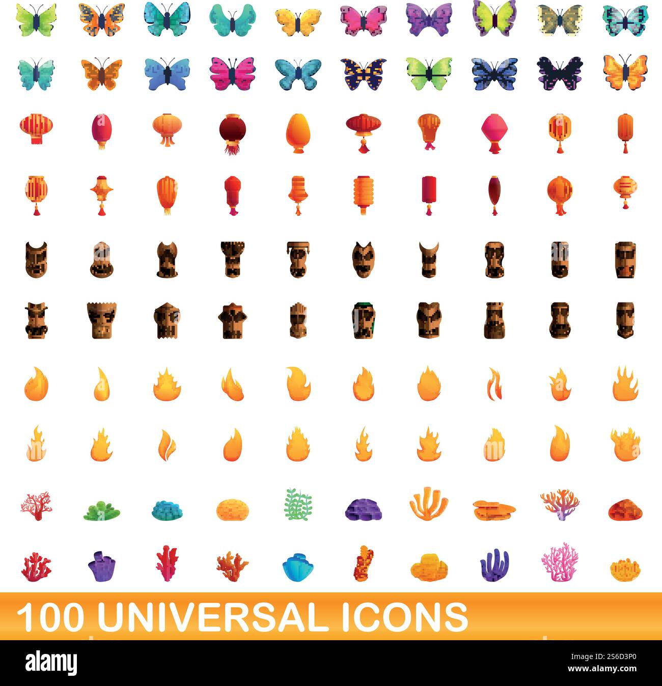 100 universelle Symbole. Zeichentrickillustration von 100 universellen ...