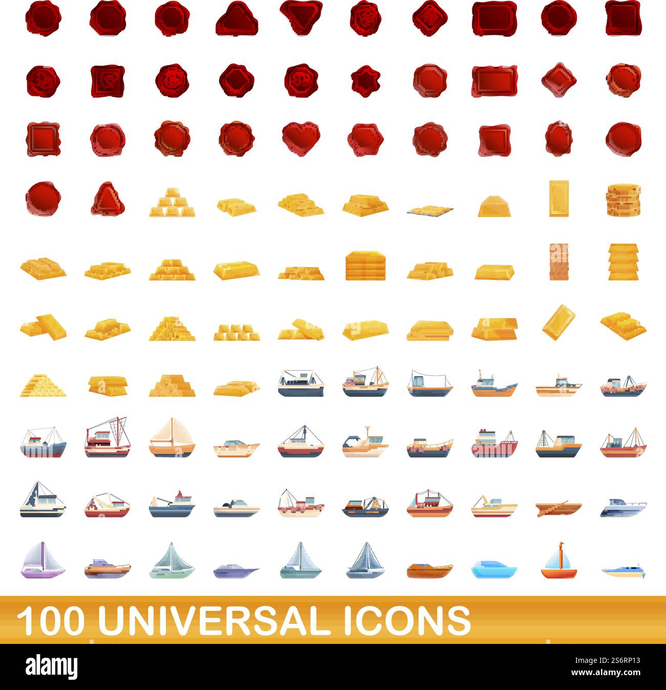 100 universelle Symbole. Zeichentrickillustration von 100 universellen ...