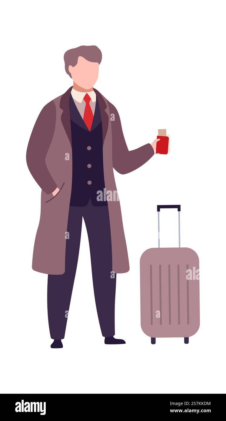 Mann mit Koffer und Reisepass mit Bordkarten. Cartoon-Geschäftsmann im ...