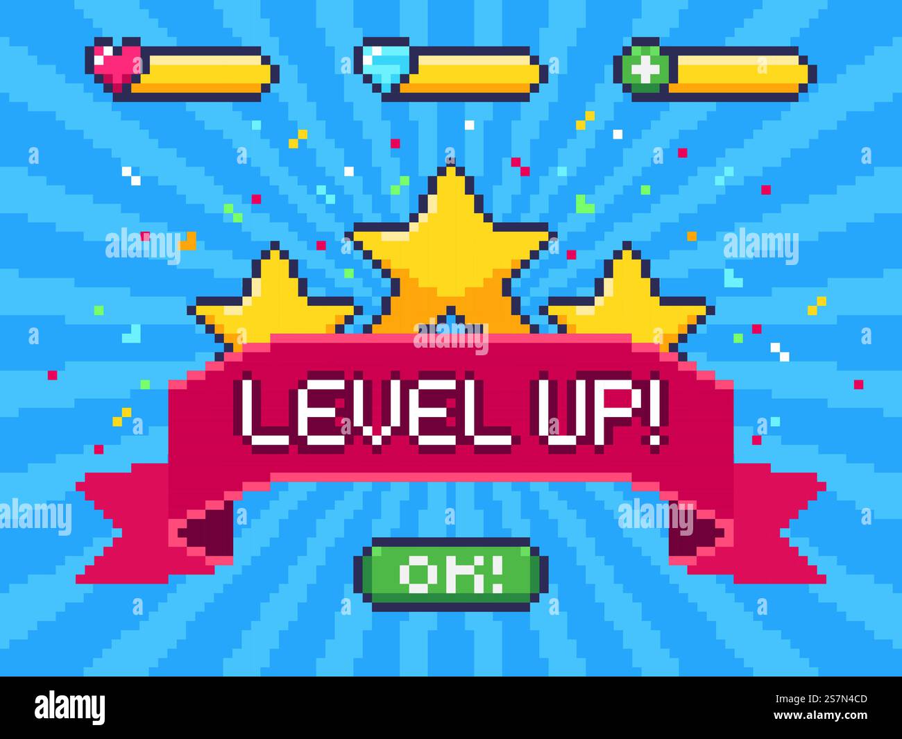 Level-up-Bildschirm. Pixel-Videospiel-Leistung, Pixel-8-Bit-Spiele-ui ...