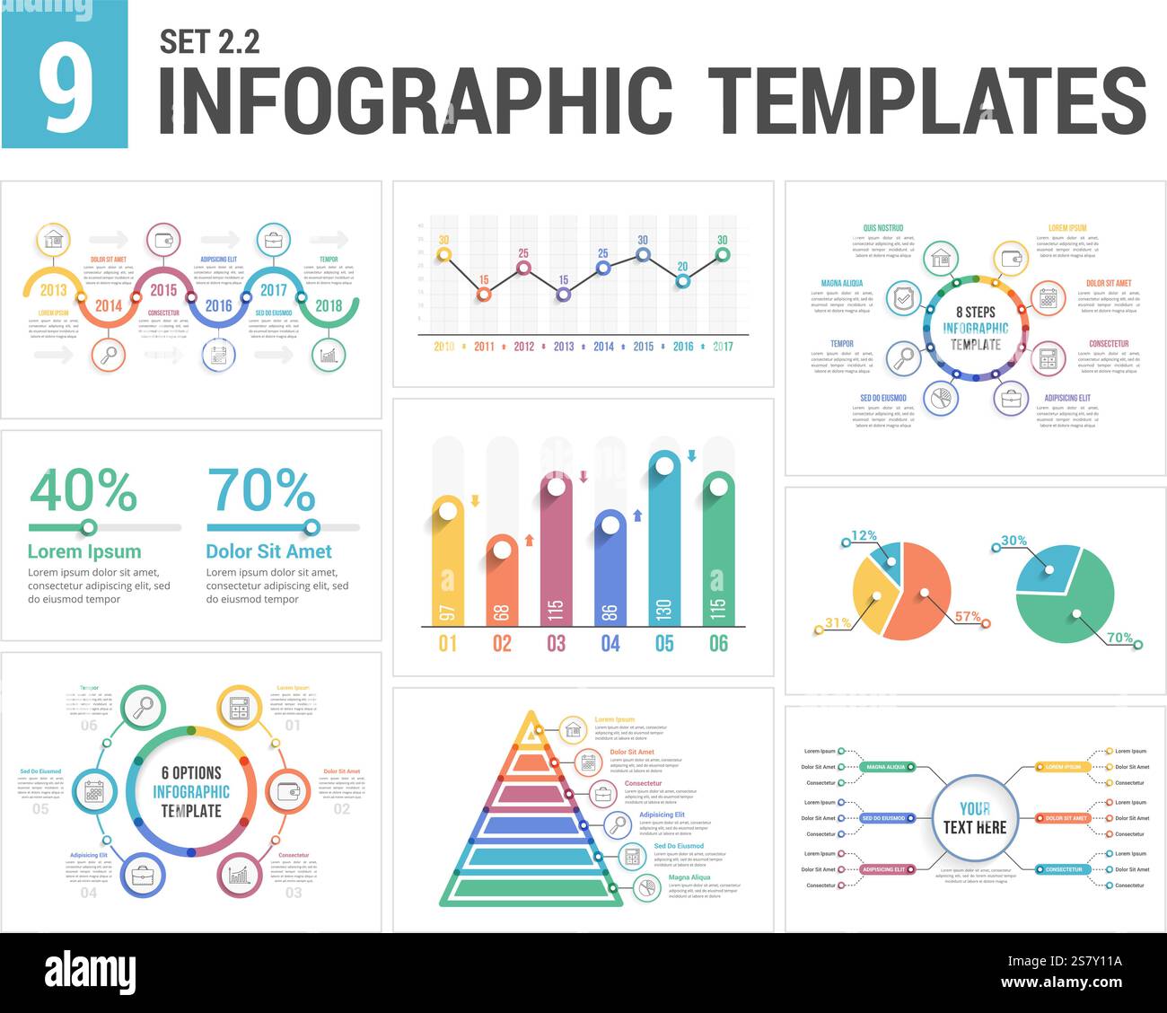 9 Infografikvorlagen, Satz 2, Farben 2 – Zeitachse, Balken- und ...