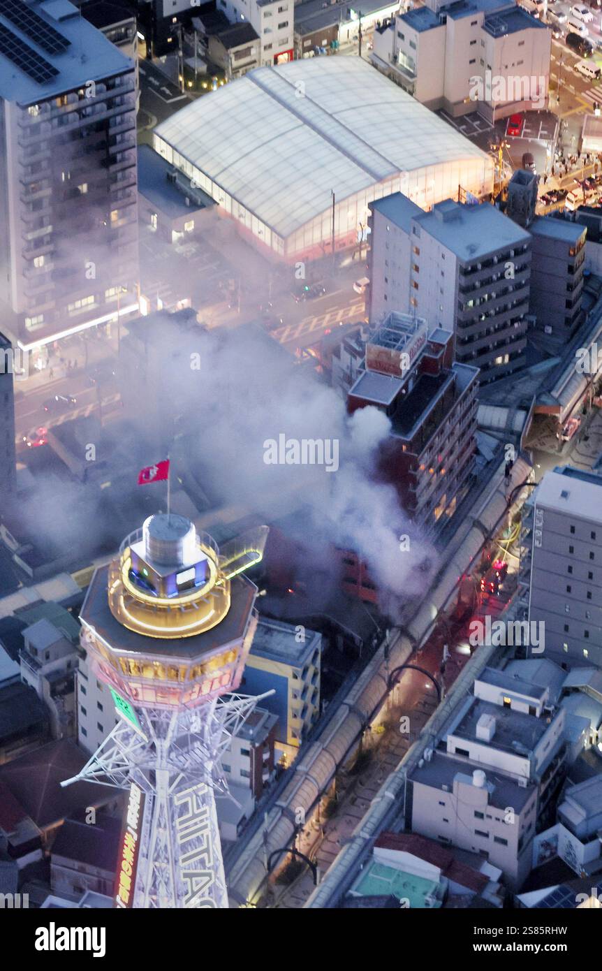 An aerial photo shows a smoking fire scene in Osaka, Japan, on January ...