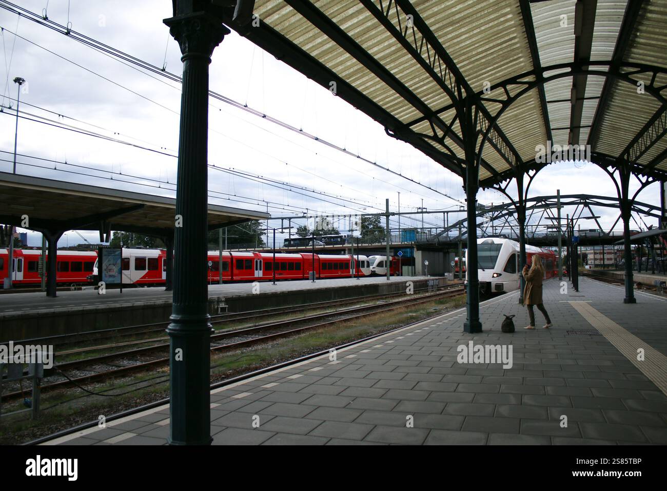 Der Zug kommt am Bahnhof in Groningen an. Ein rot-weißer Zug auf einem ...