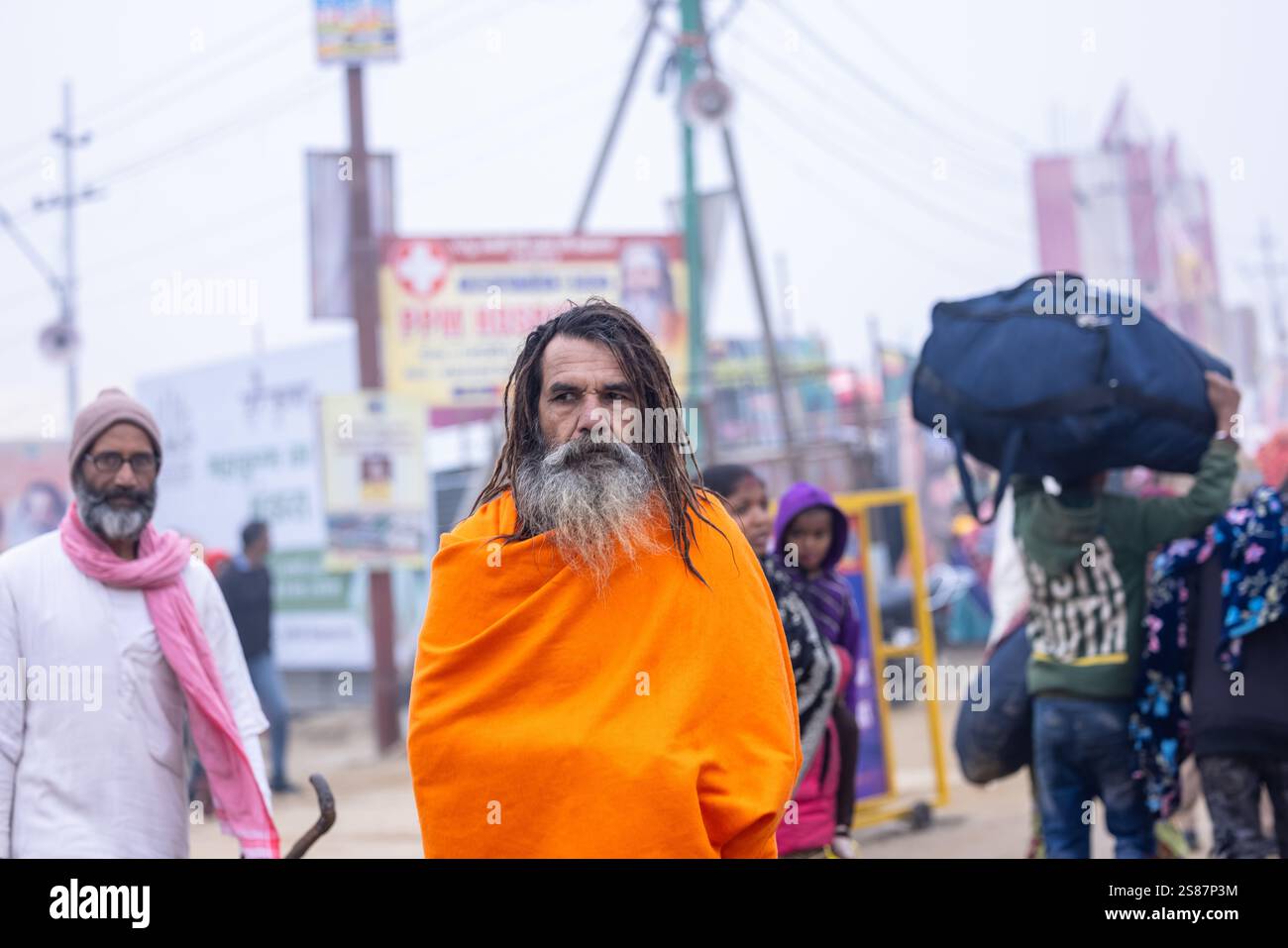 Mahakumbh, Porträt des heiligen männlichen Sadhu Baba, der an maha ...