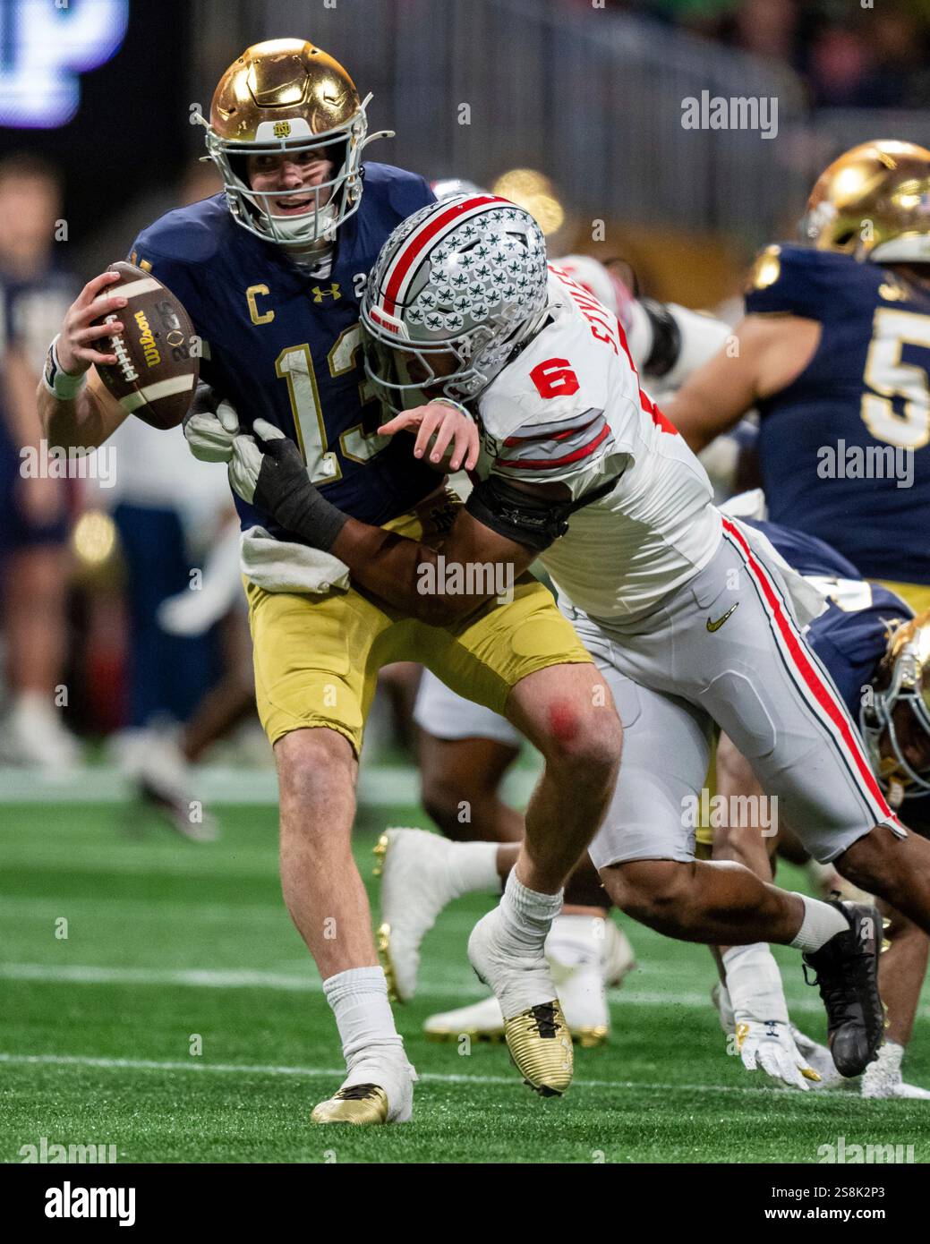 Ohio State safety Sonny Styles (6) sacks Notre Dame quarterback Riley ...