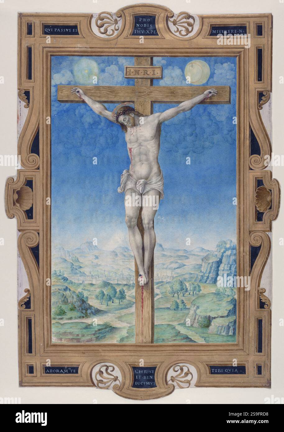Vincent Raymonds „die Kreuzigung“ (um 1545) ist ein Miniaturbild, das Christus am Kreuz ...