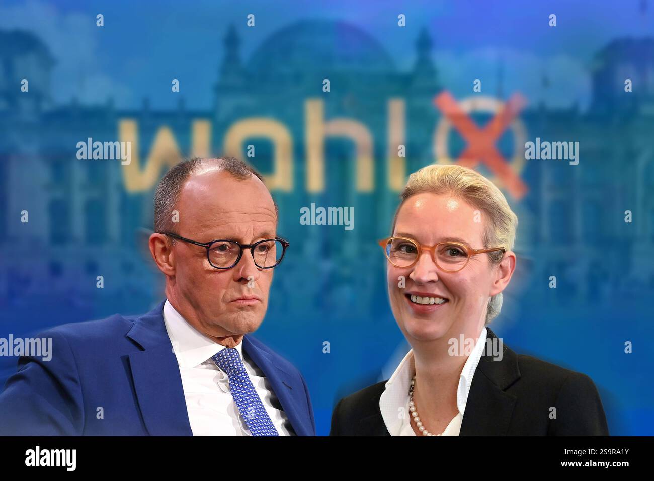 FOTOMONTAGE: CDU Kanzlerkandidat Friedrich MERZ will ein TV Duell mit Alice WEIDEL AfD ...