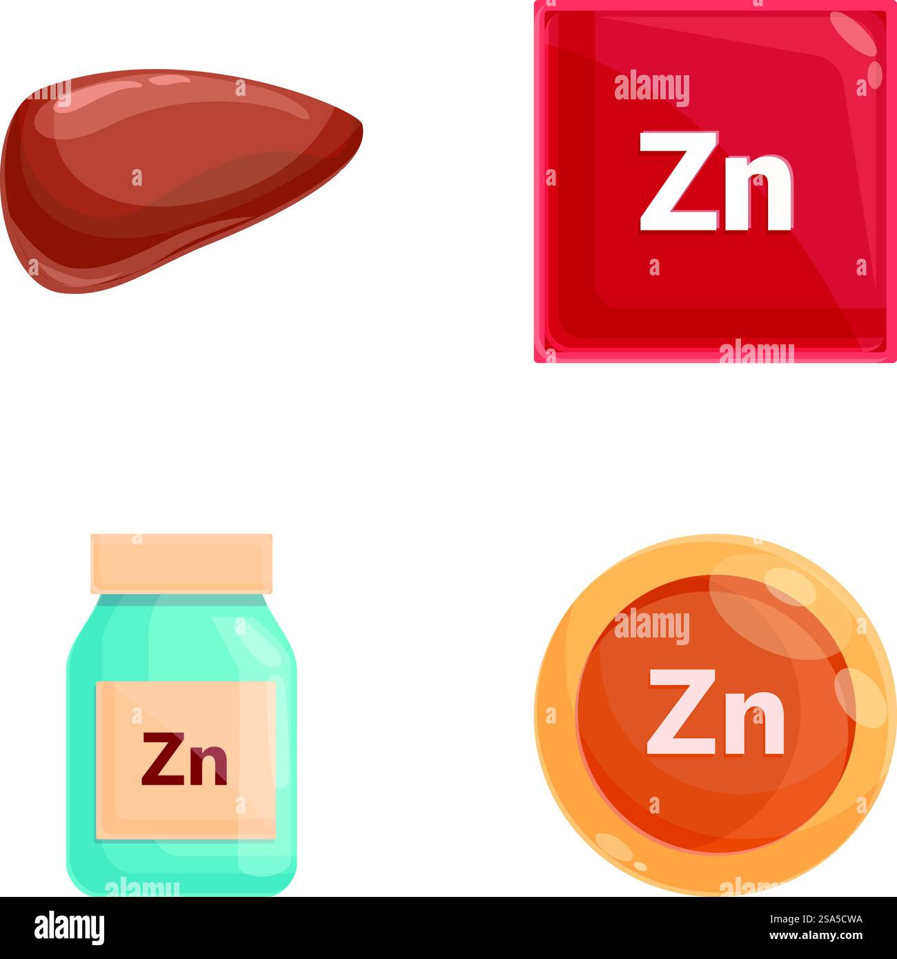 Zink-Symbole setzen Cartoon-Vektor. Lebensmittel mit hohem Gehalt an ...