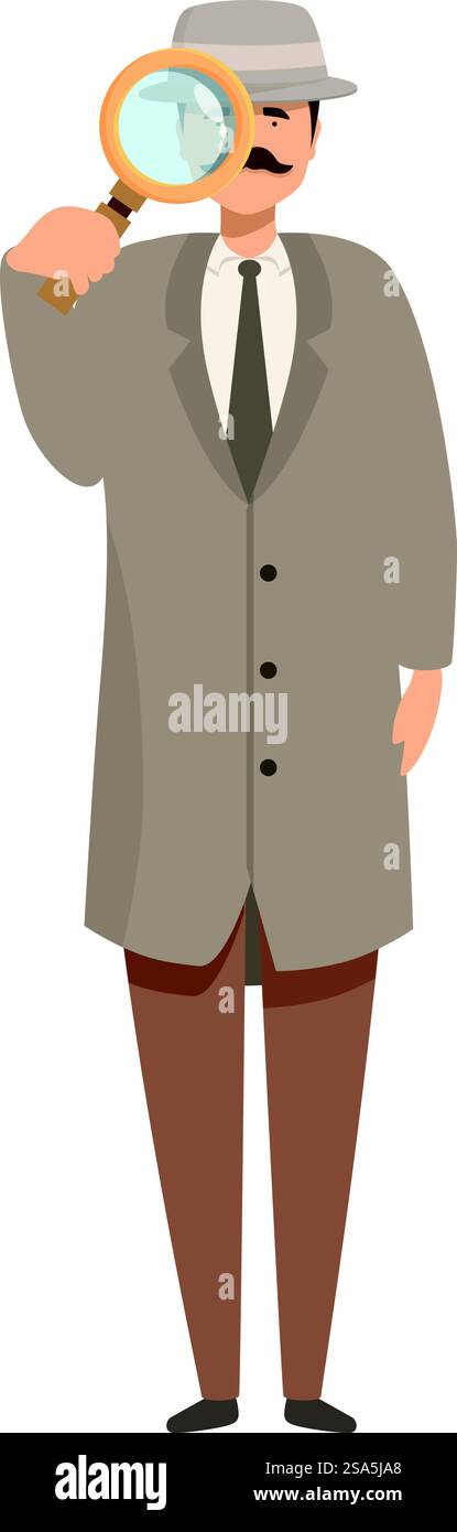 Detective Charakter trägt Hut und Mantel und benutzt Lupe, um ...