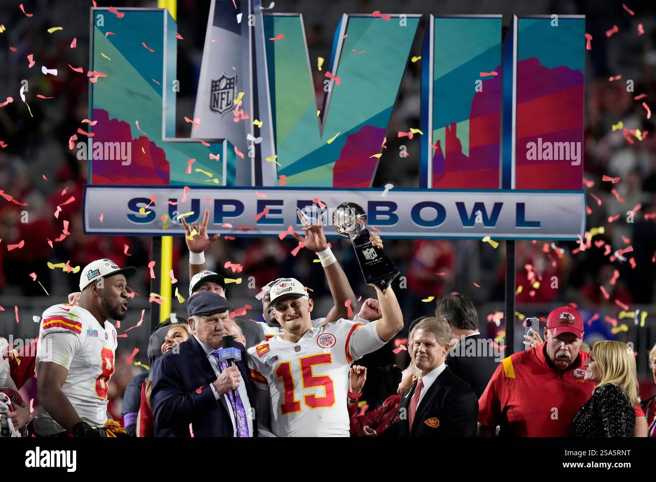 FILE - Kansas City Chiefs quarterback Patrick Mahomes (15) holds the ...