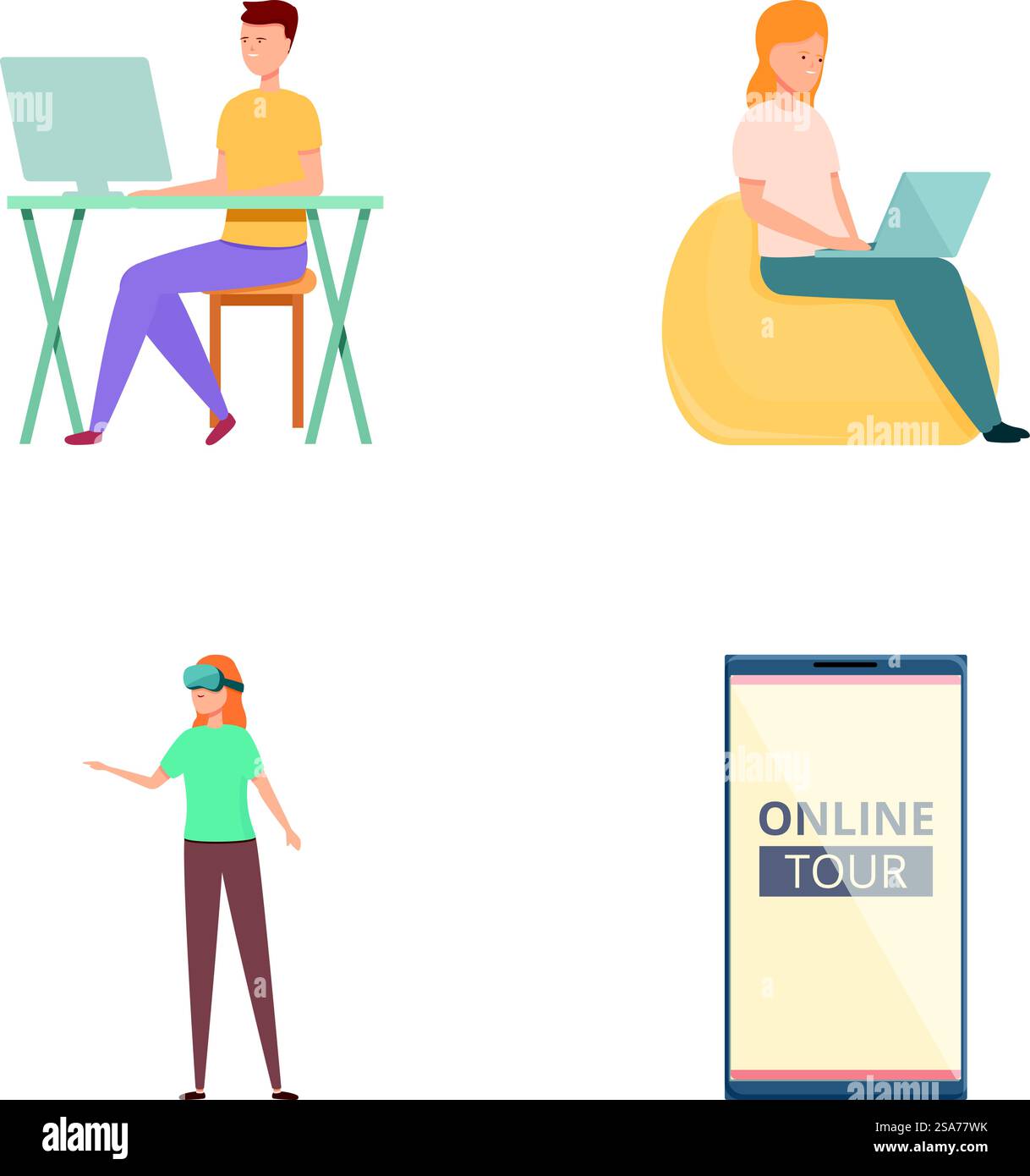 Online-Tour-Symbole setzen Cartoon-Vektor. Virtuelle Kunstgalerie-Tour ...