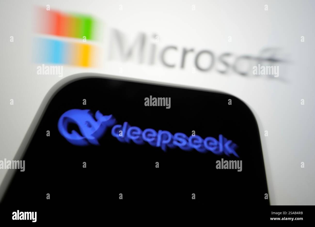 Logos of deepseek and OpenAI, Microsoft are displayed on a monitor in ...