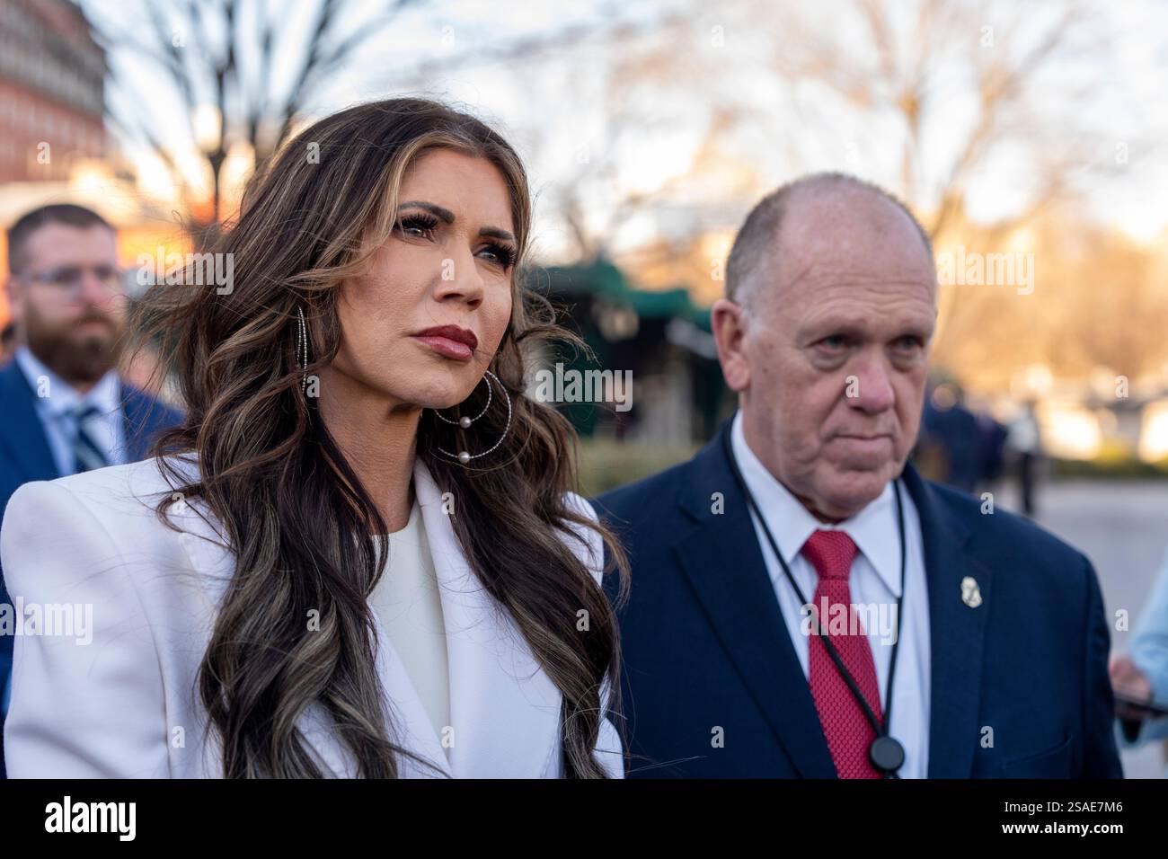 Homeland Security Secretary Kristi Noem, left, and White House border czar Tom Homan speak with ...