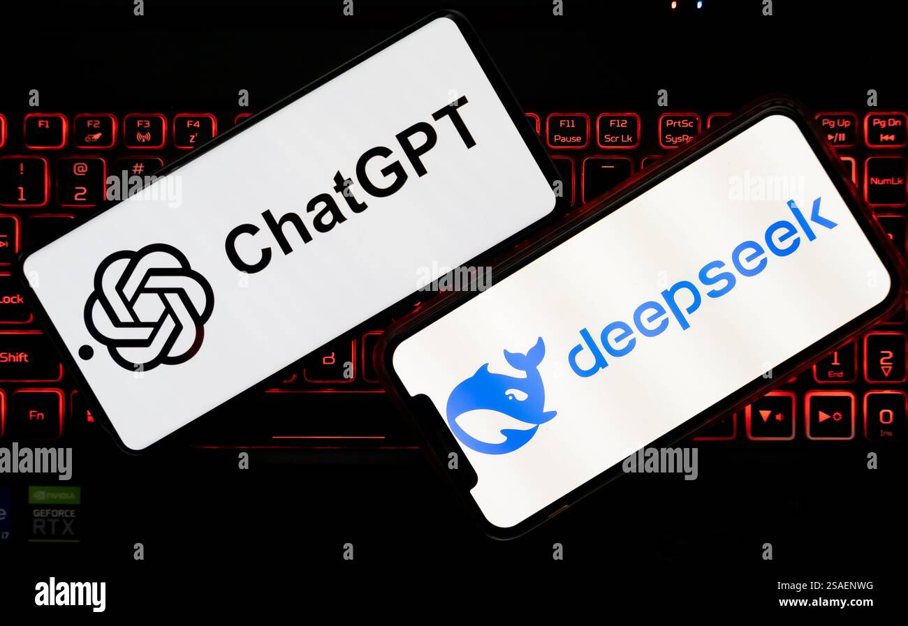 In dieser Abbildung sind das ChatGPT-Logo und das Deepseek-Logo auf den ...