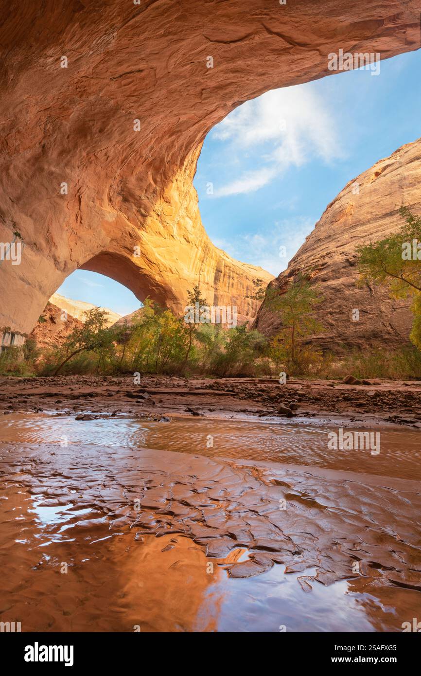 Jacob Hamblin Arch unter dem angrenzenden riesigen Sandstein im Coyote Gulch, Glen Canyon ...