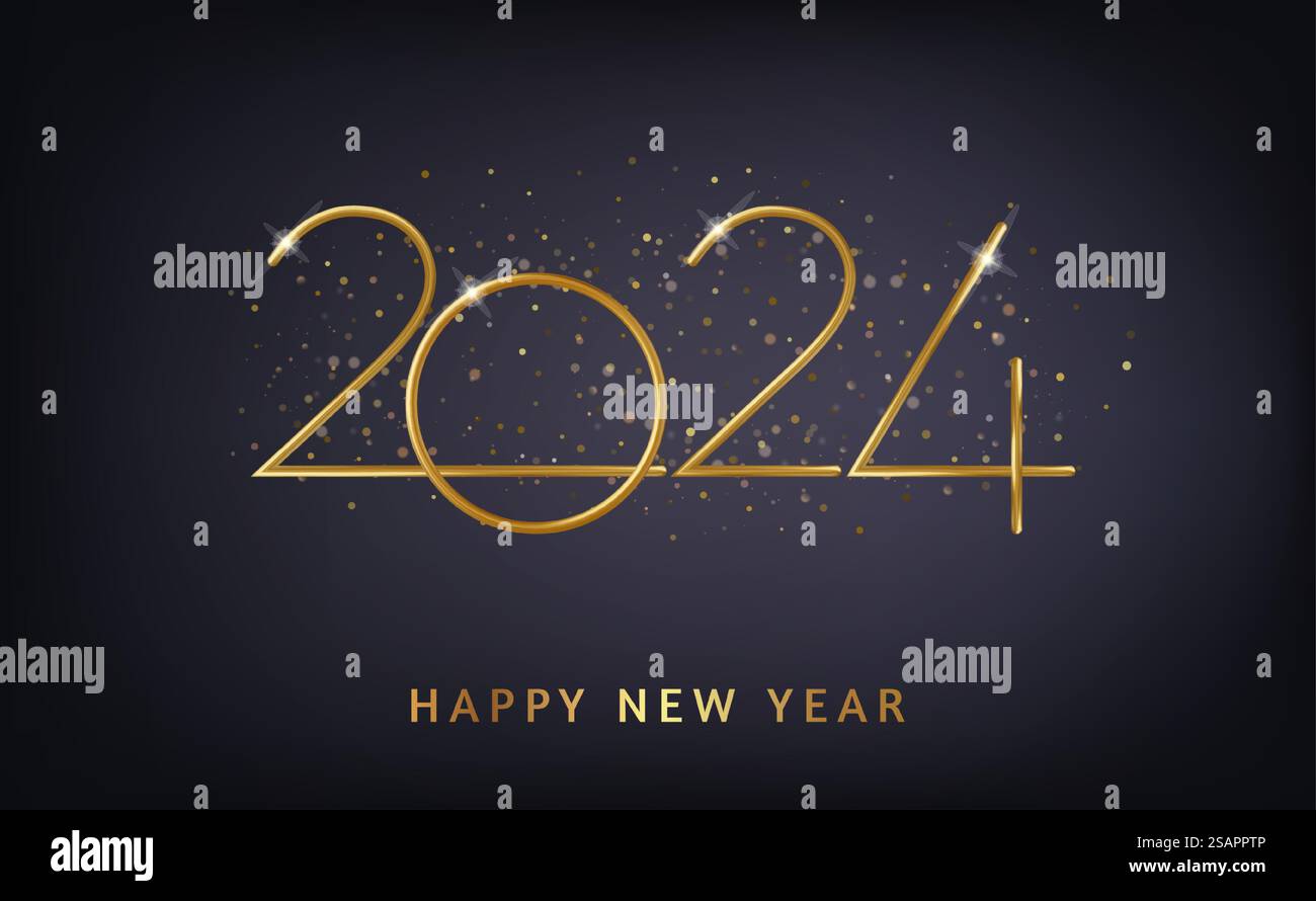 „Happy New Year 2024“-Design mit glänzenden goldenen Ziffern und ...