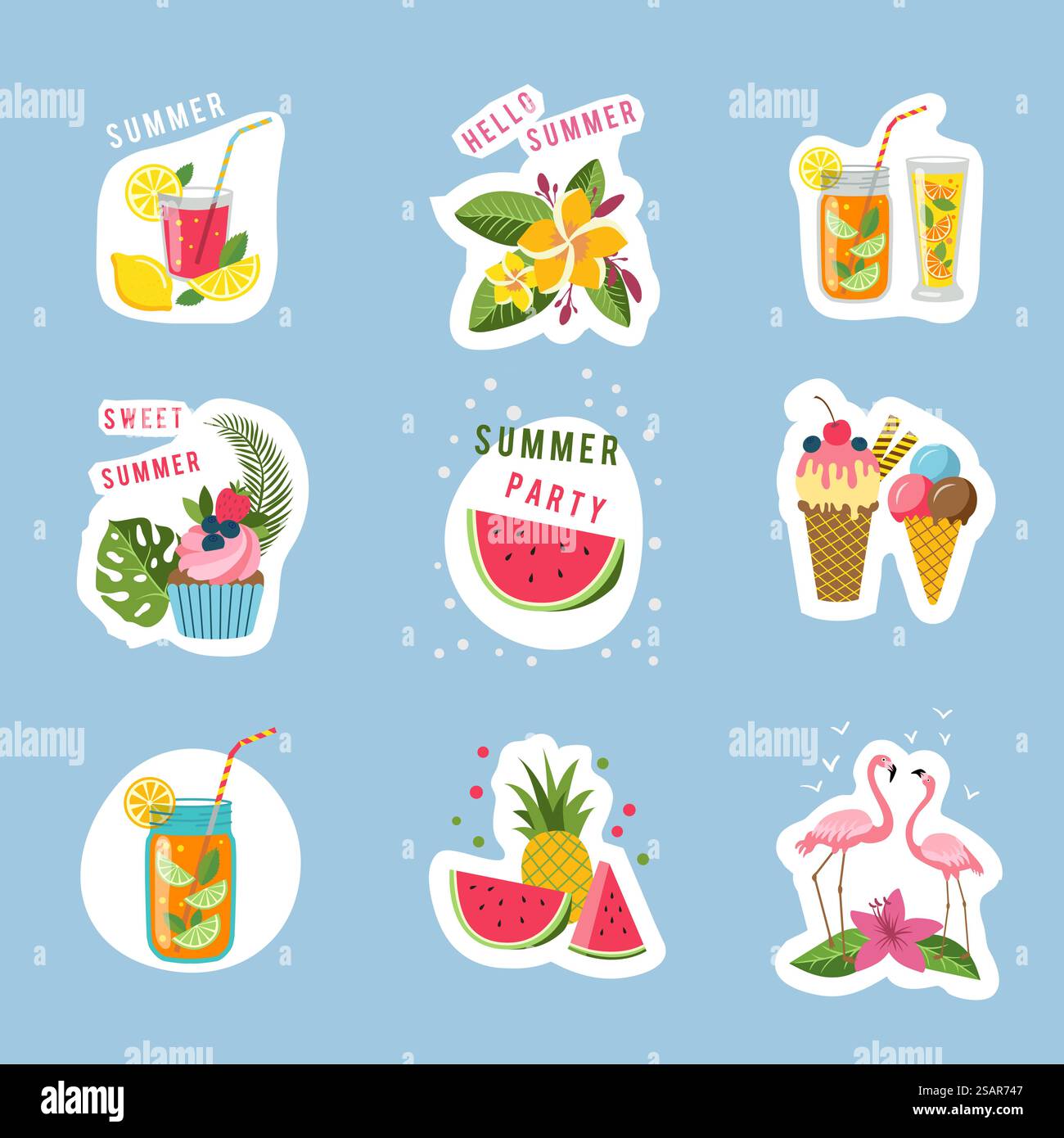 Sommer-Symbole. Eis, Flamingo, Blumen, Cocktails. Vorlage für ...