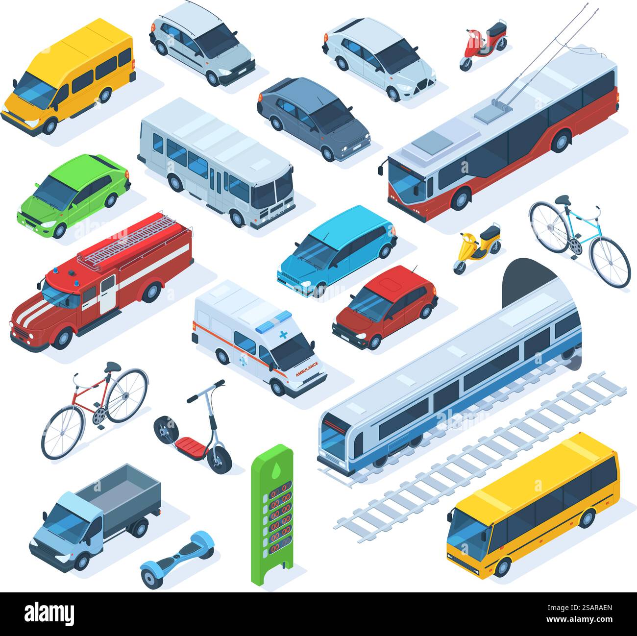 Isometrische öffentliche Verkehrsmittel, Roller, Bus, Feuerwehrauto ...