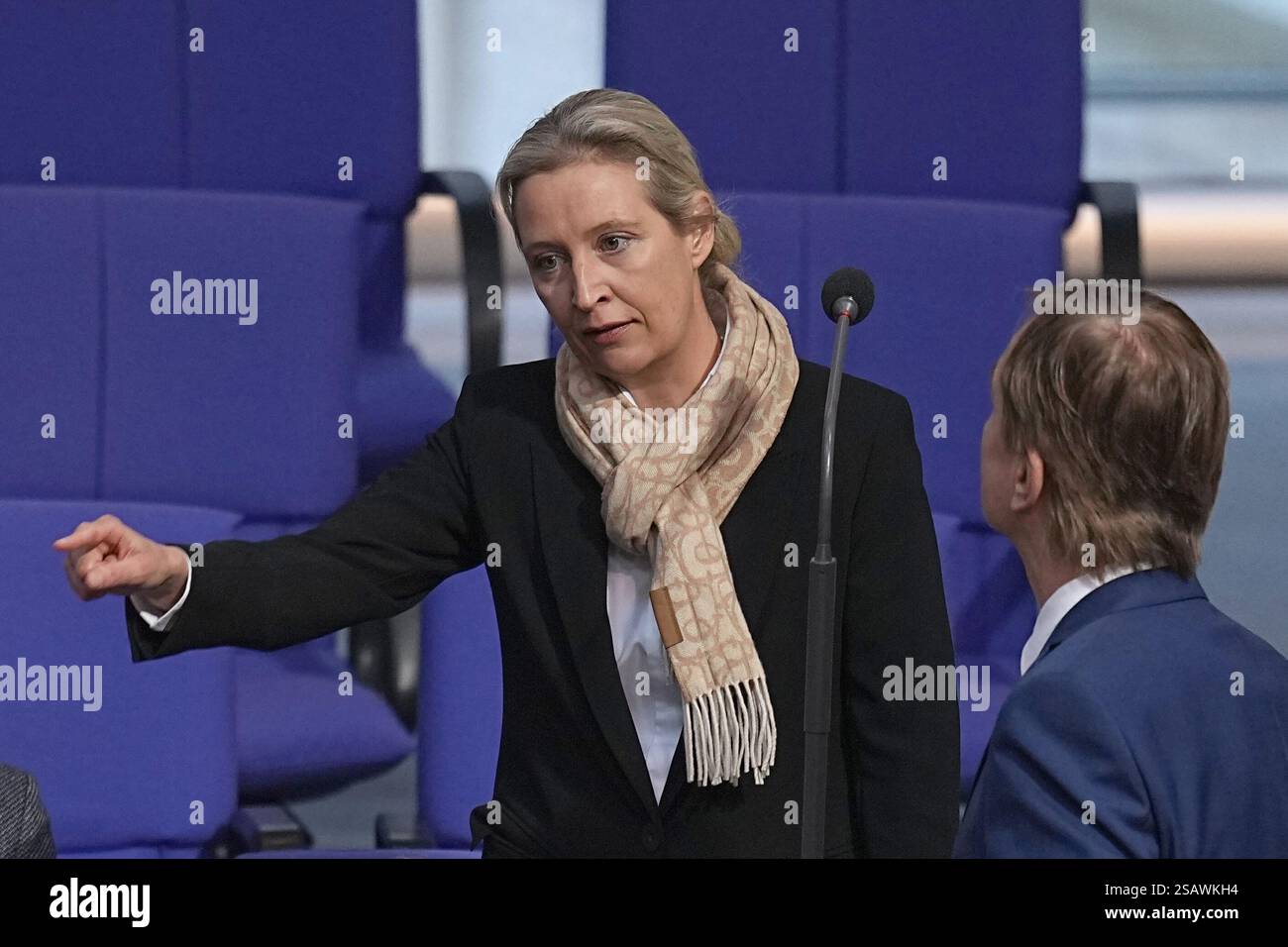 31. Januar 2025, Berlin: Alice Weidel, Ko-Vorsitzende der AfD-Fraktion, und Bernd Baumann (r ...