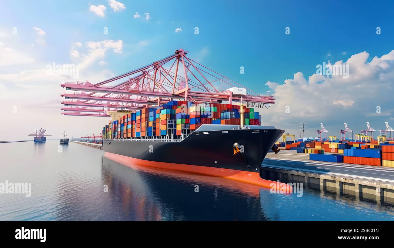 Dieses Bild zeigt ein riesiges Containerschiff mit Reihen von bunten ...