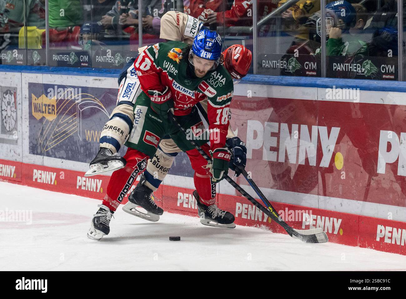 Augsburg, Deutschland. Februar 2025. Kampf um den Puck/Zweikampf ...