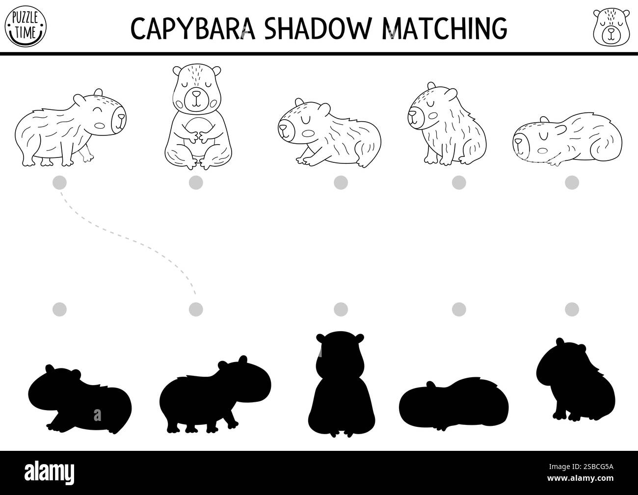 Capibara Schwarzweiß-Schatten-Matching-Aktivität. Capybara-Form ...