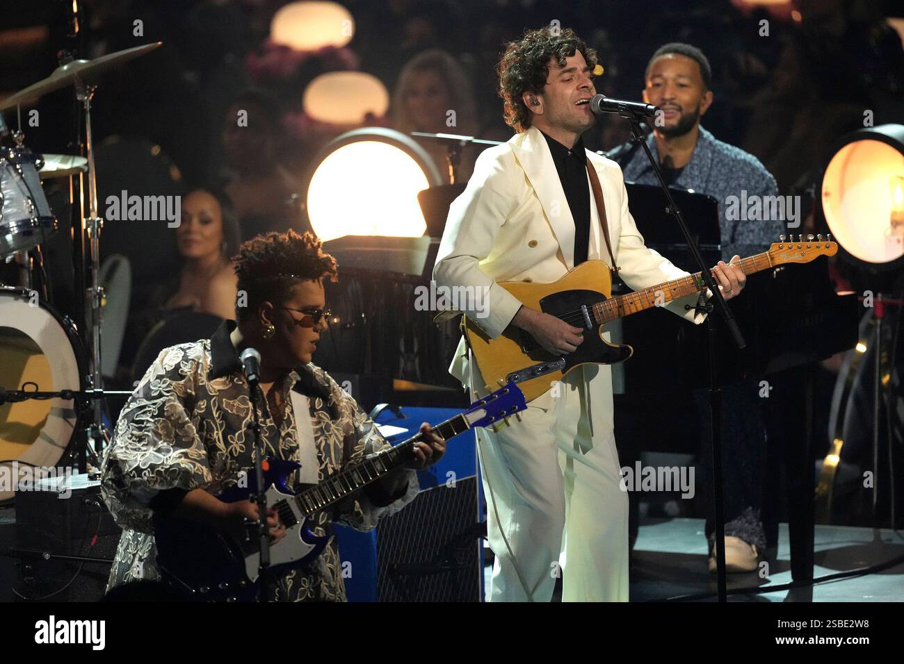 Brittany Howard, from left, Taylor Goldsmith, and John Legend perform ...