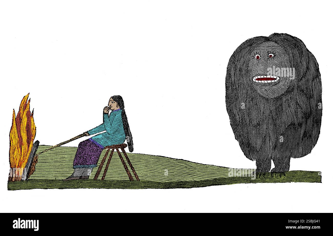 Der fliegende Kopf, der von einer Frau, die Eicheln ausreißt, in die ...