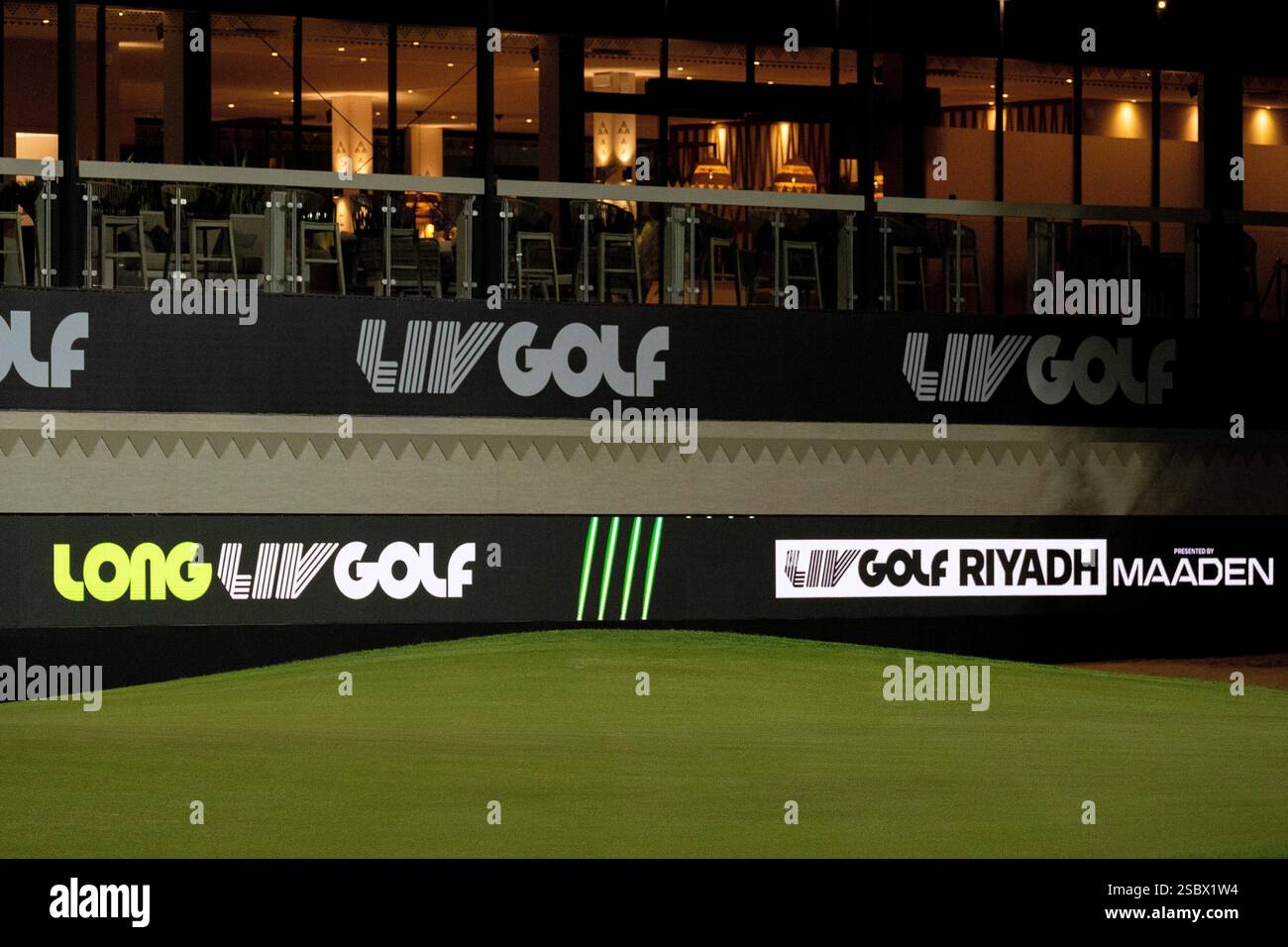 LIV Golf Riyadh presented by Maaden signage seen during the practice ...