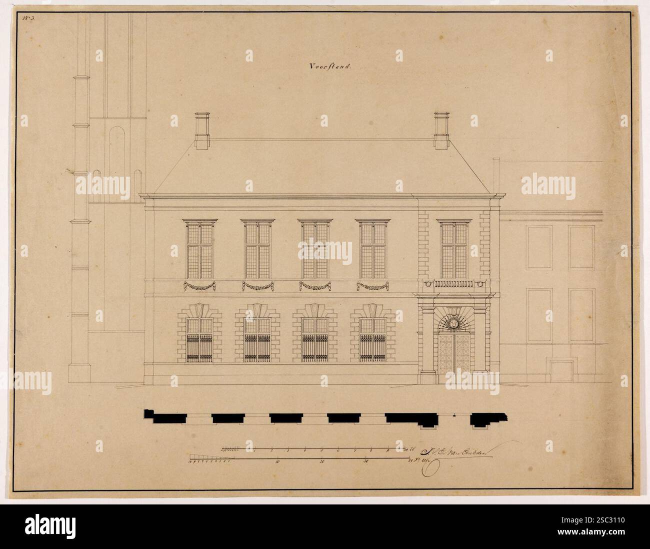Opstand en plattegrond van de voorgevel voor het te bouwen Leesmuseum ...
