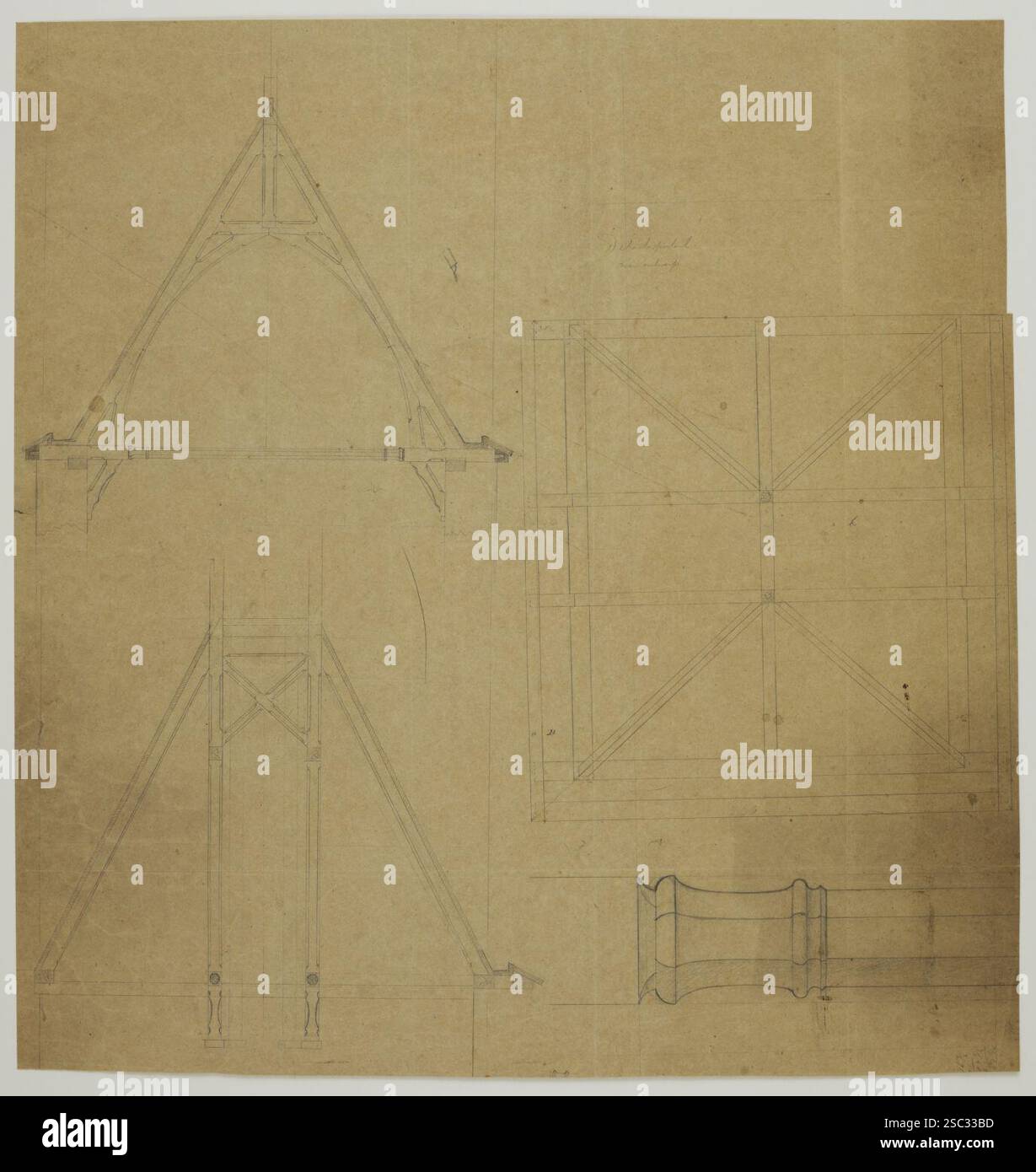 Plattegrond en doorsneden van de kap van het gerestaureerde portaal van ...