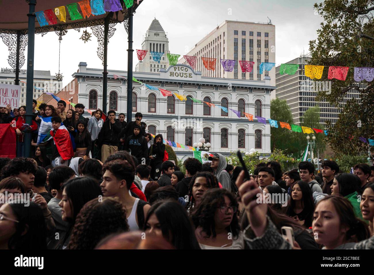 Students who walked out of class gather in downtown Los Angeles during ...