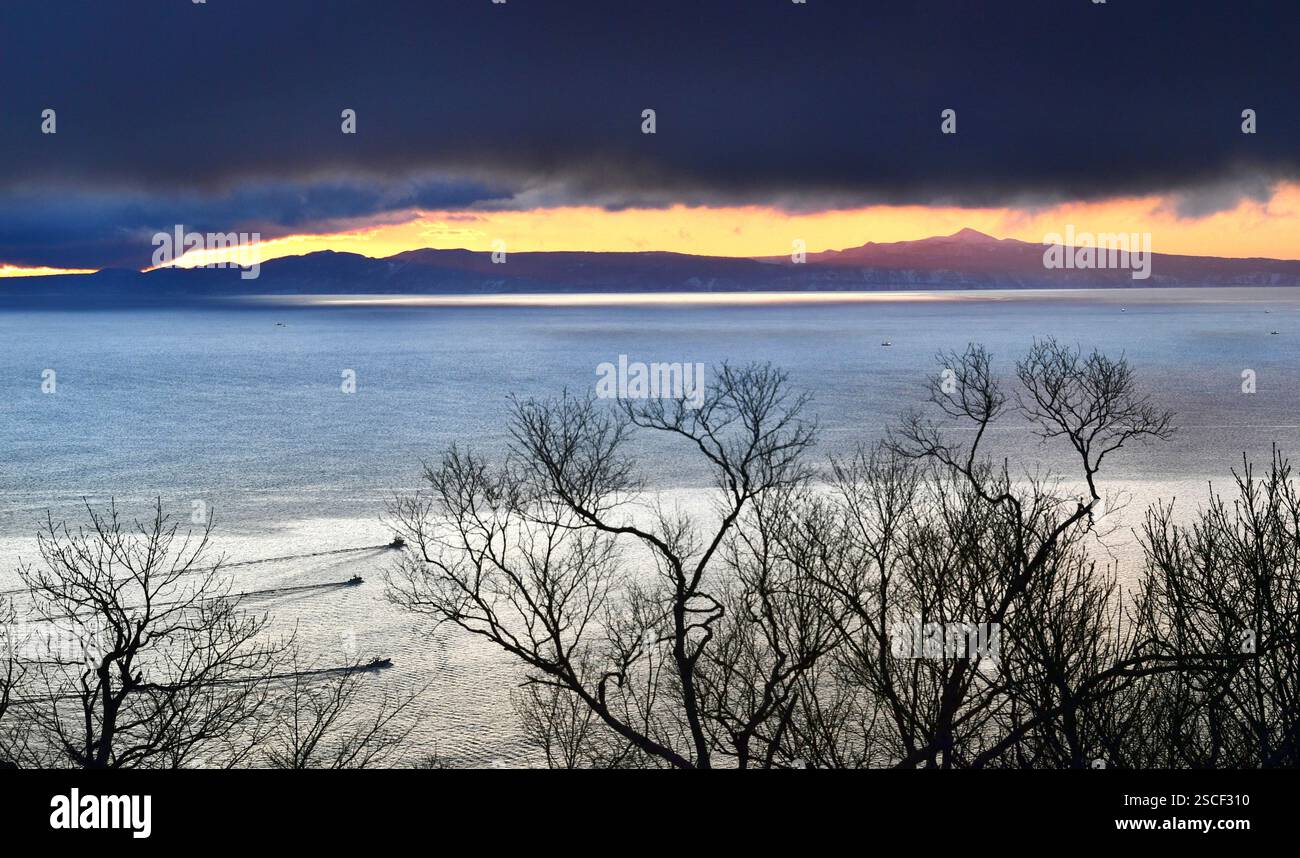 Kunashiri Island is seen from an observation deck in the early morning ...