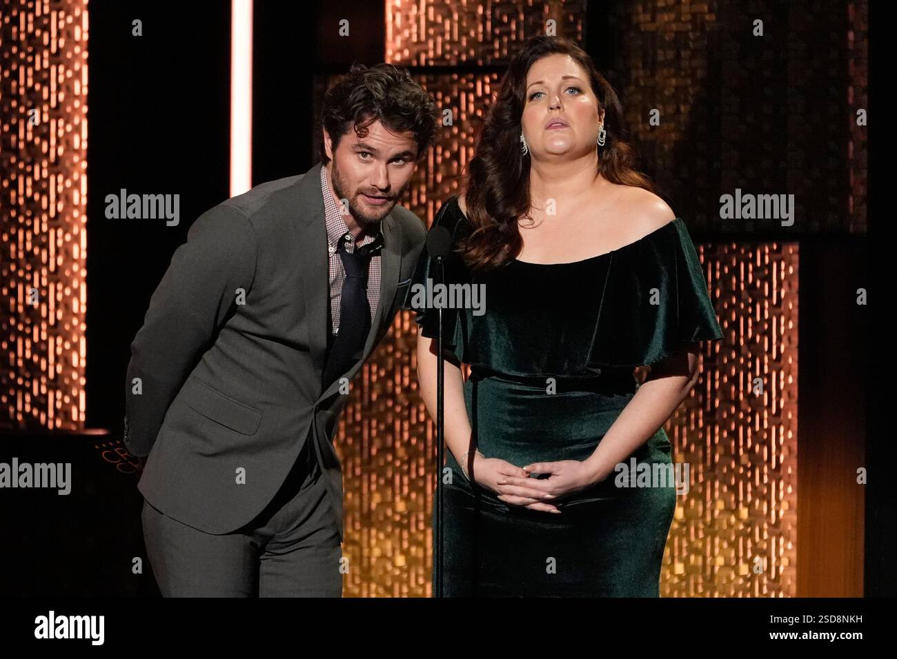Chase Stokes, left, and Allison Tolman present the award for best ...