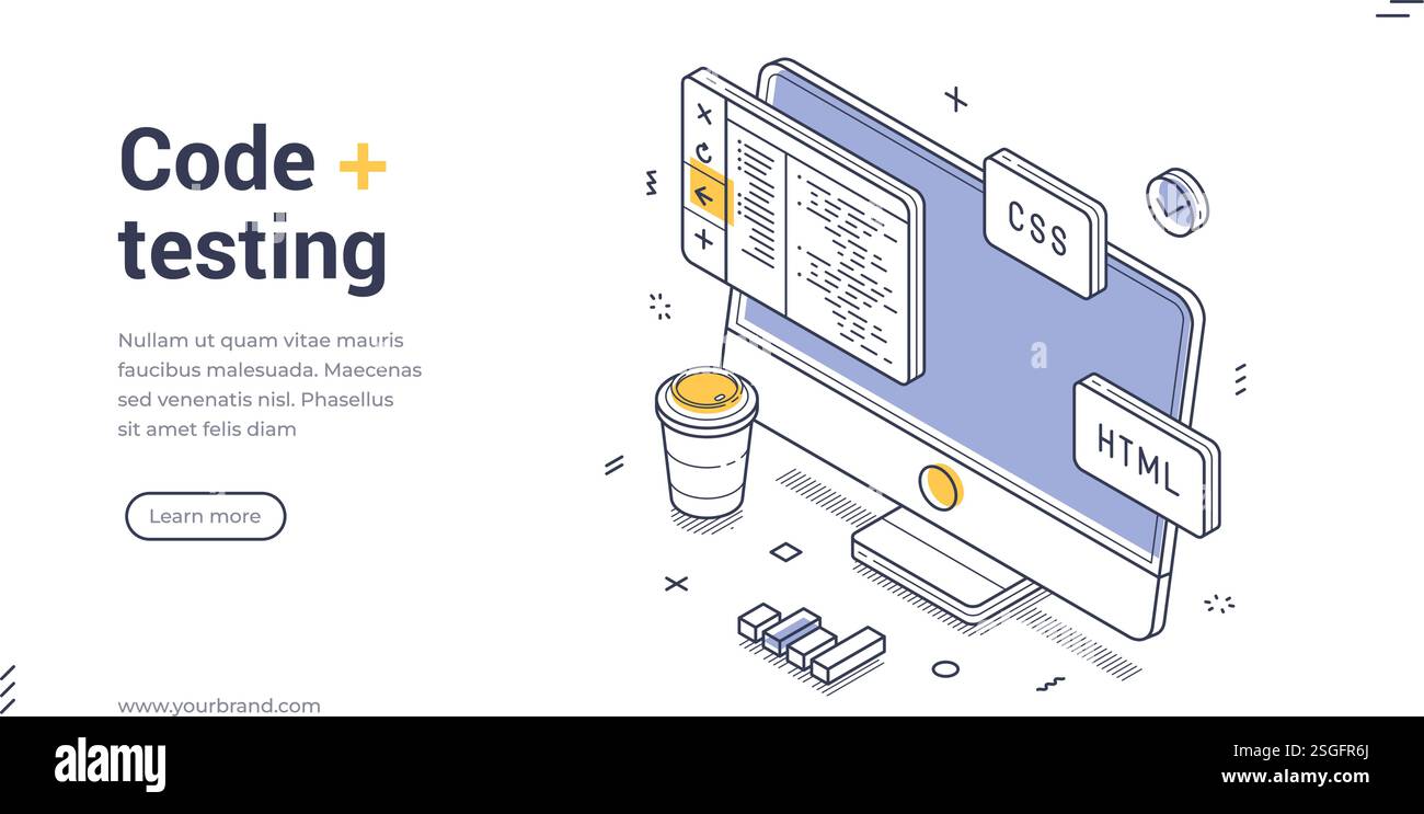 Code-Test Moderne isometrische Line Art Web-Banner-Vorlage. Computer ...