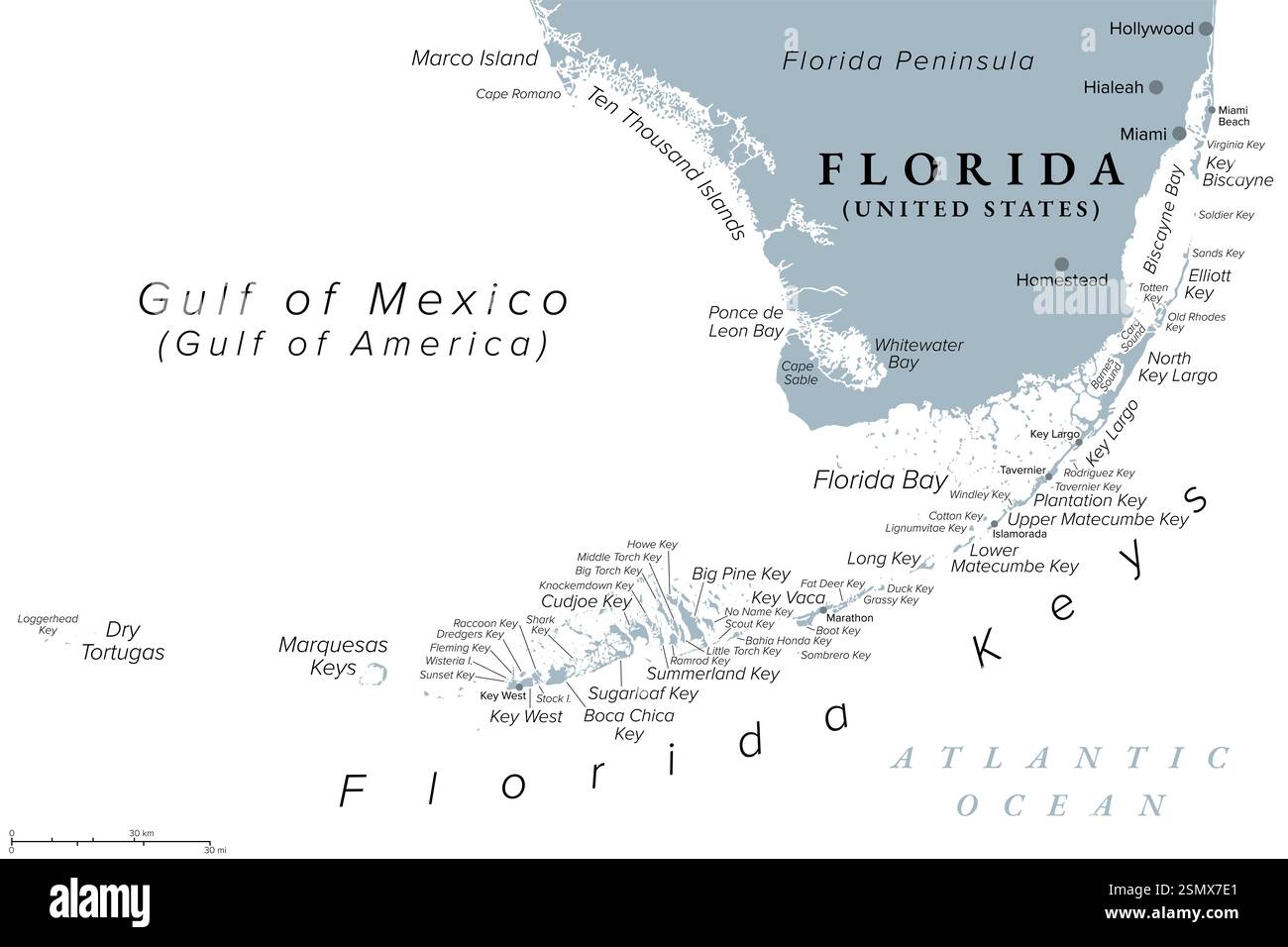 Florida Keys, USA, graue politische Karte. Korallenfische Archipel vor ...