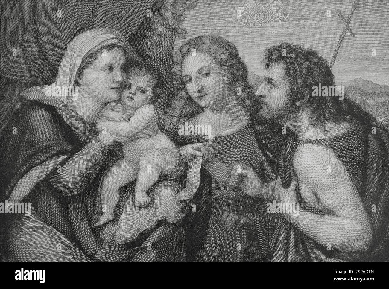 Madonna mit Kind, Johannes der Täufer und St. Katharina. Stich nach einem Gemälde des ...