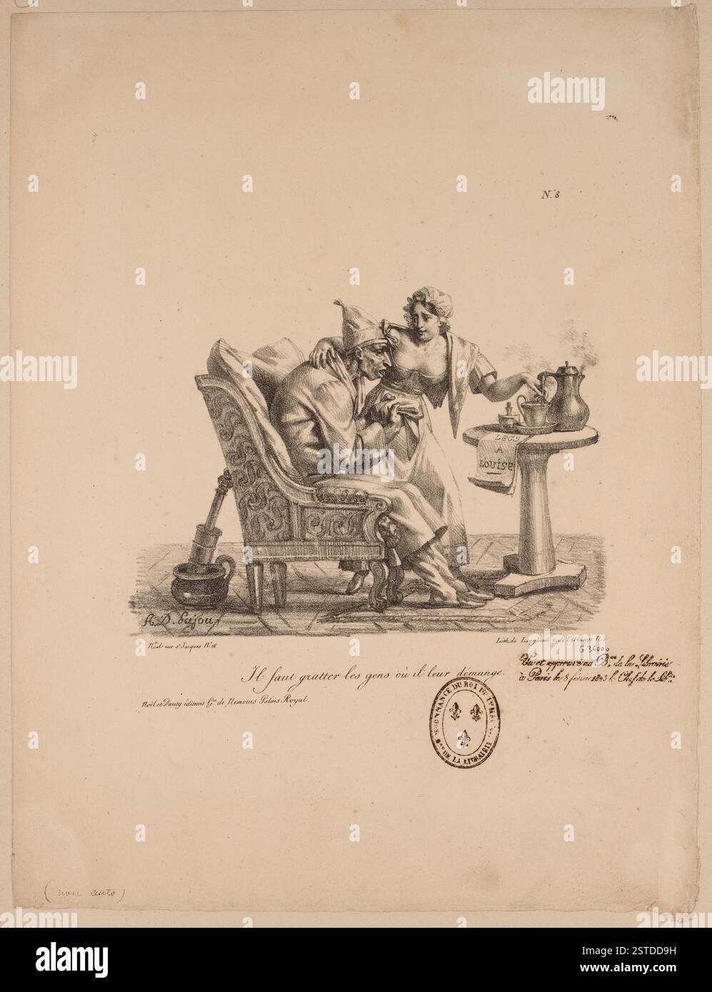 Eine Karikatur, die einen Diener zeigt, der große Sorgfalt und Eifer ...