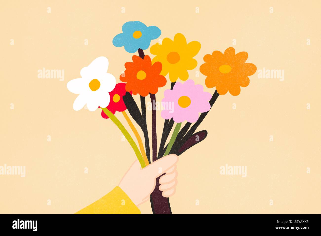 Illustration einer Hand, die einen lebendigen Blumenstrauß aus ...